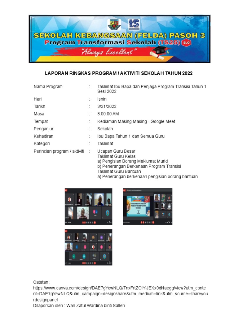 Laporan Taklimat Ibu Bapa Dan Penjaga Program Transisi Tahun 1 Sesi 2022 | PDF
