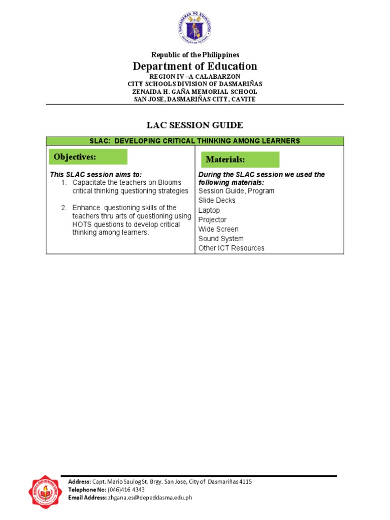 Department of Education: Lac Session Guide | PDF | Learning | Critical ...