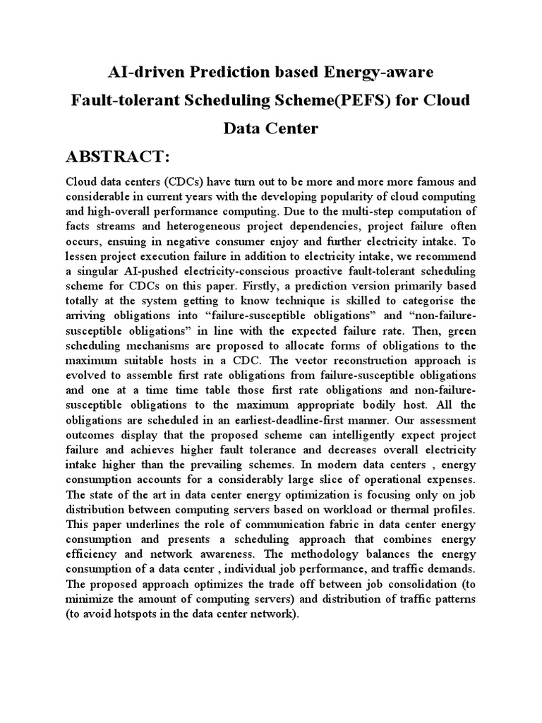AI-driven Prediction Based Energy-Aware Fault-Tolerant Scheduling Scheme (PEFS) For Cloud Data ...