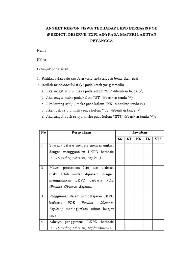 Angket Respon Siswa Terhadap LKPD Berbasis Poe | PDF | Karier & Perkembangan