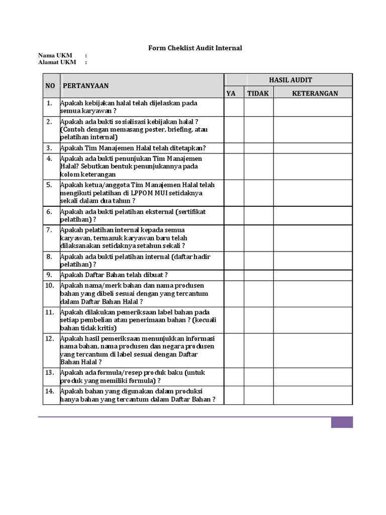 A.7. Form Cheklist Audit Internal UKM | PDF