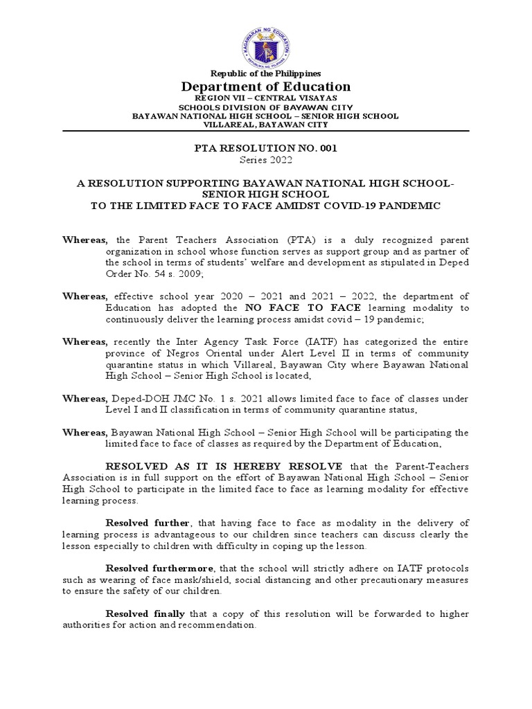 PTA RESOLUTION F2F Draft | PDF | Wellness