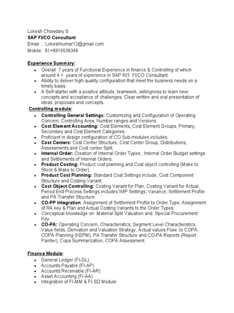 SAP FICO Sample Resume | PDF | Consultant | Experience