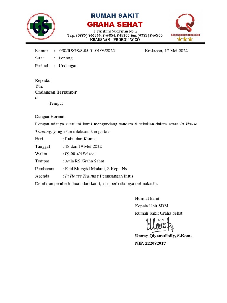 Undangan In House Training Infus | PDF