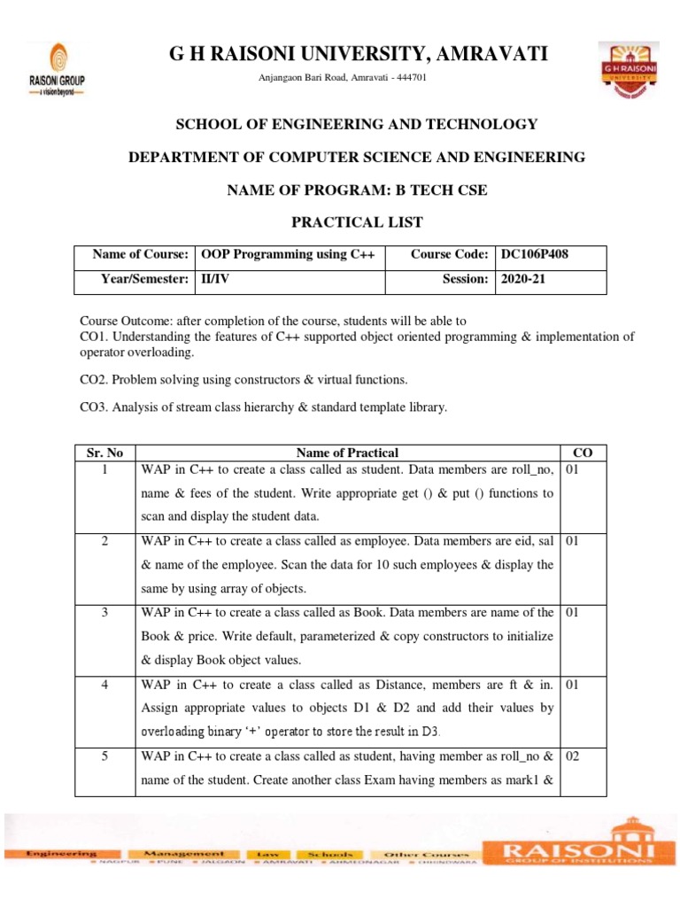 G H Raisoni University, Amravati | PDF | C++ | Class (Computer Programming)