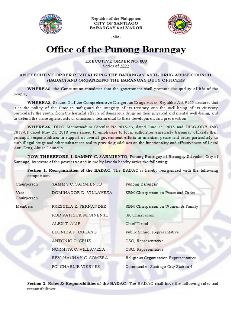 Executive Order No. 008 S. 2022 - Revitalizing The Barangay Anti - Drug ...
