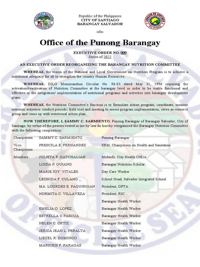 Executive Order No. 009 S. 2022 - Organization of The Barangay ...