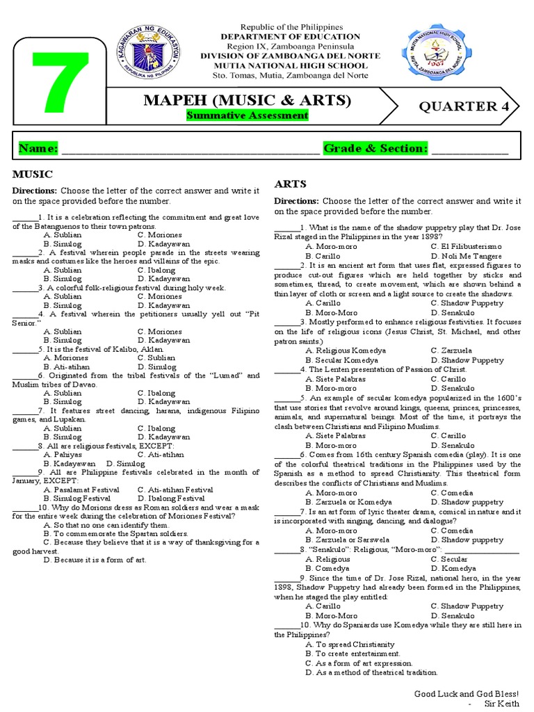 LAS 7 Q4 - MUSIC and ARTS Summative Assessment | PDF | Festival ...
