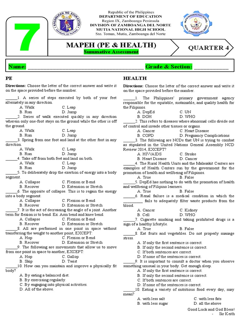 LAS 7 Q4 - PE and HEALTH Summative Assessment | PDF | Anatomical Terms ...