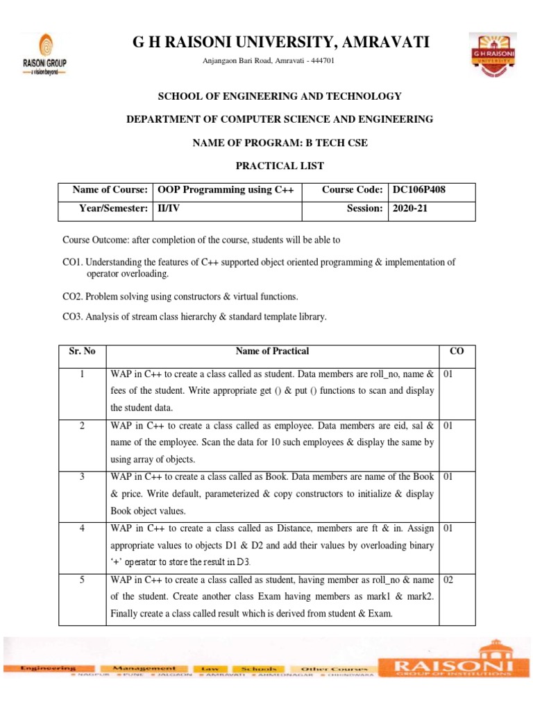 OOP Using C++ Practical Mannual | PDF | C++ | Class (Computer Programming)