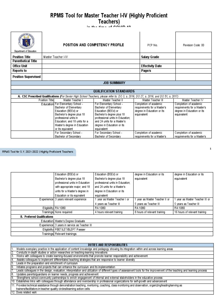 (Appendix 1B) RPMS Tool For Highly Proficient Teachers SY 2021-2022 in ...
