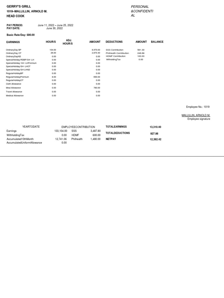 PAYSLIp - June 30 | PDF | Employee Relations | Employment Compensation