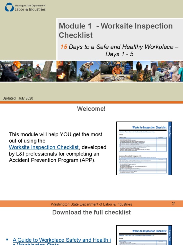 Module 1 - Worksite Inspection Checklist: Days To A Safe and Healthy ...