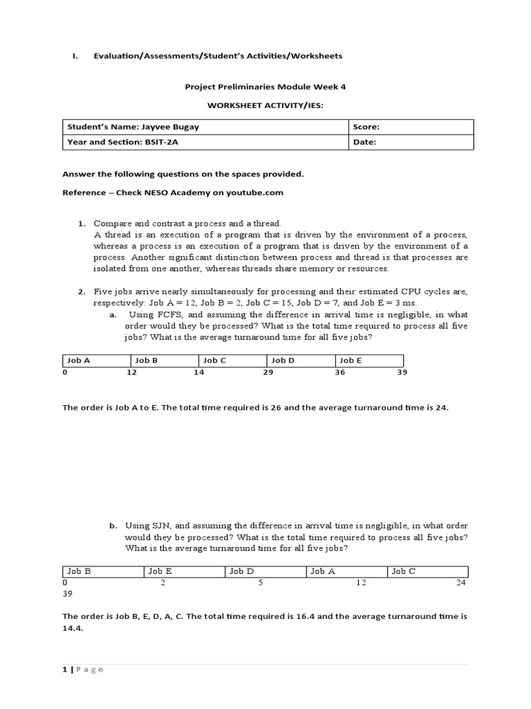 Analysis of a Student Worksheet on Operating Systems Concepts | PDF ...