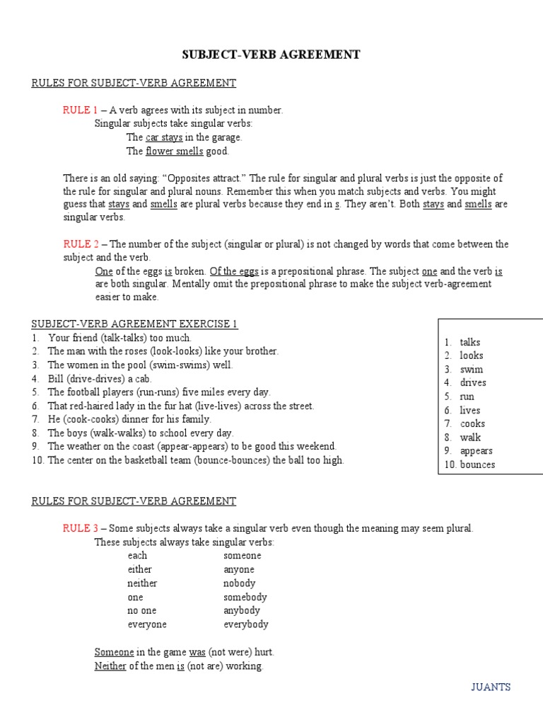 Subject-Verb Agreement: Rule 1 | PDF | Grammatical Number | Subject (Grammar)