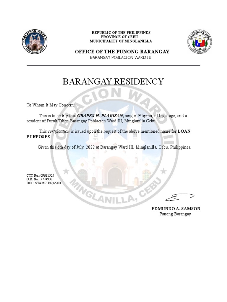 Barangay Residency Certification Sample | PDF