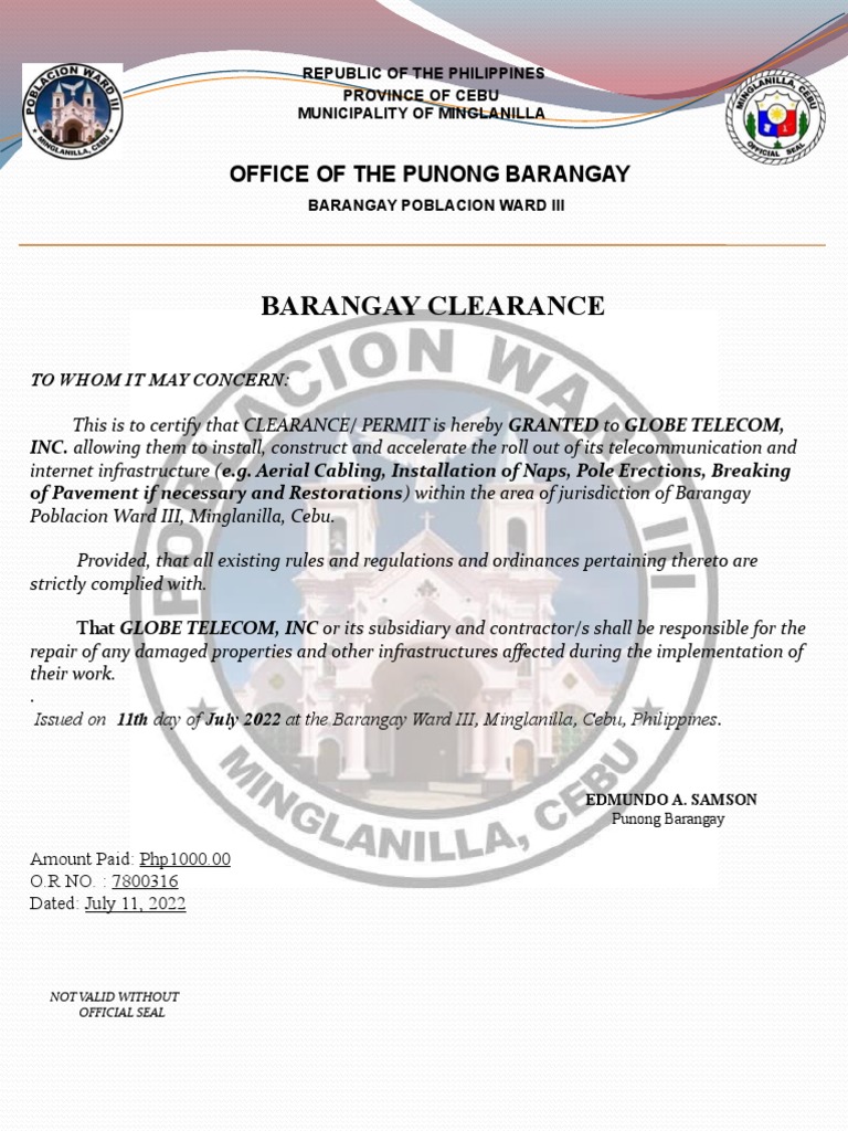 Barangay Clearance Granting Globe Telecom Permission to Install Telecommunications ...