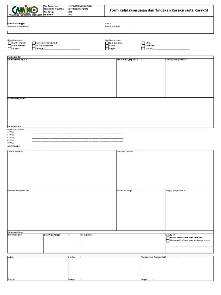Form Ketidaksesuaian Dan Tindakan Koreksi Serta Korektif - CMI | PDF