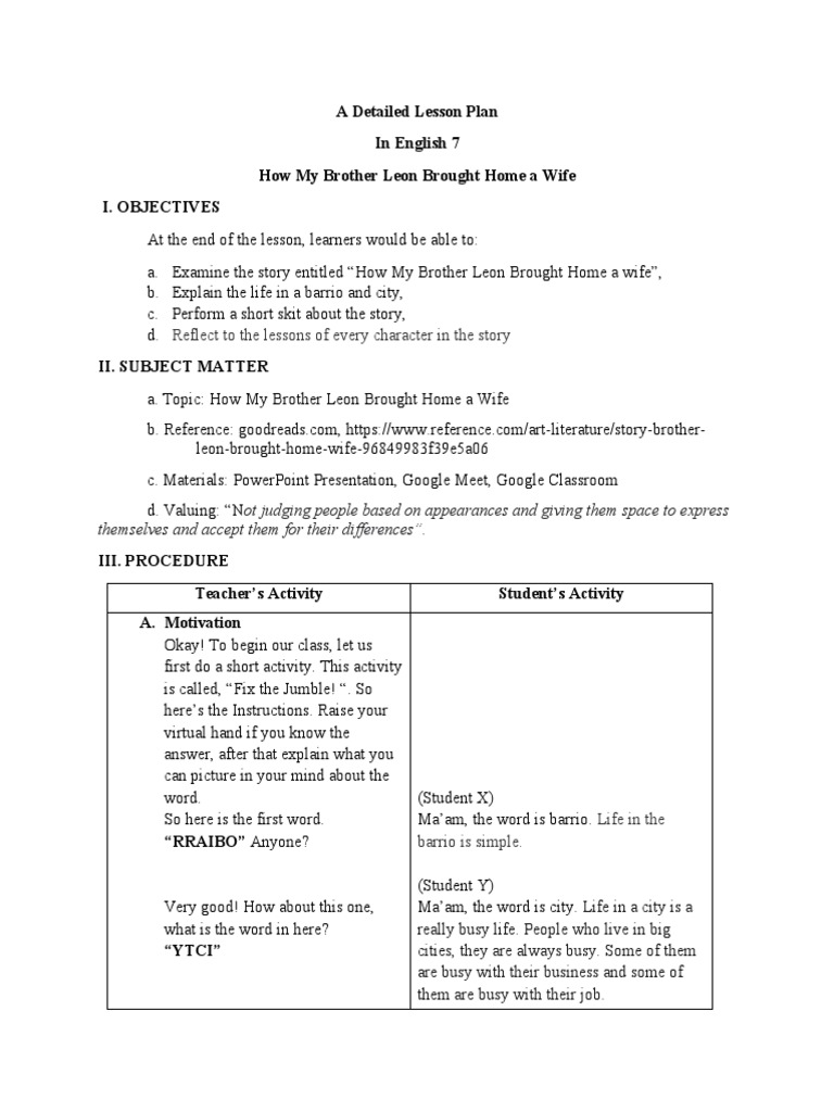 A Detailed Lesson Plan in English 7 How My Brother Leon Brought Home A ...
