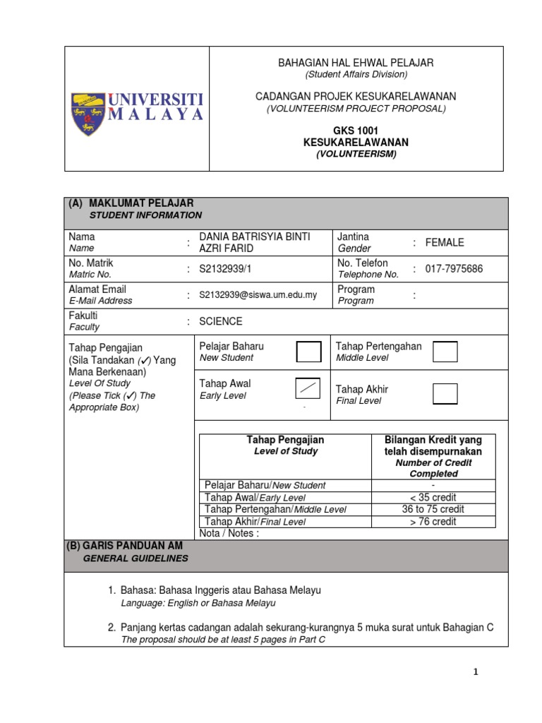 Dania Batrisyia Proposal Pdf Volunteering Science Technology