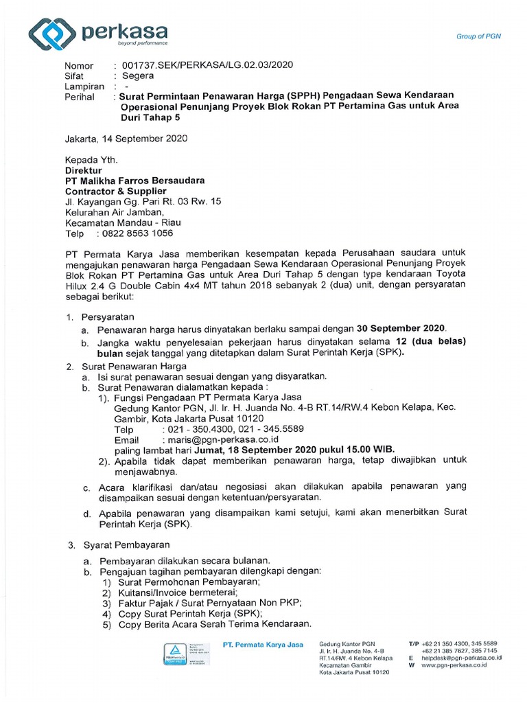 SPPH Pengadaan Sewa Kendaraan Operasional Penunjang Proyek Blok Rokan PERTAGAS Untuk Area Duri ...