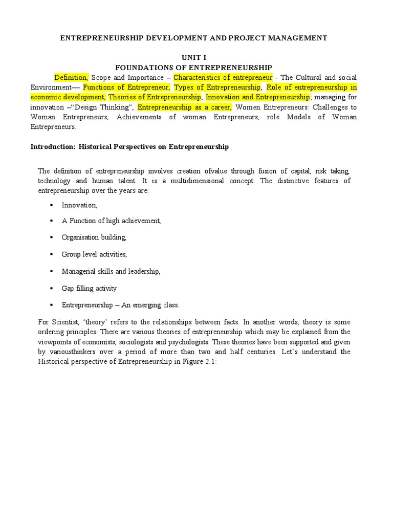 Entrepreneurship Development and Project Management Unit I Foundations ...
