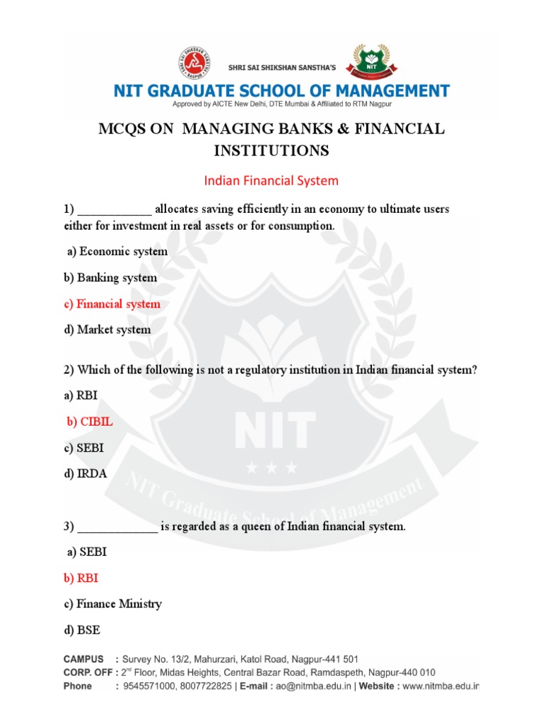MCQs on Indian Financial System | PDF | Reserve Bank Of India | Banks