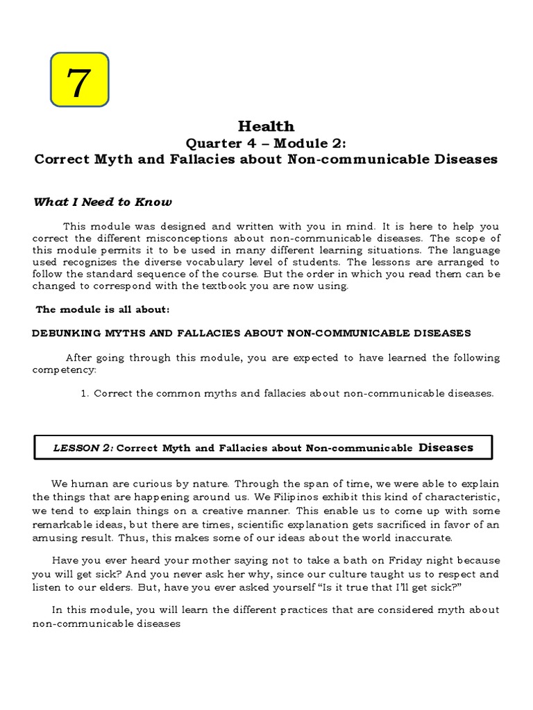 Health: Quarter 4 - Module 2: Correct Myth and Fallacies About Non-Communicable Diseases | PDF ...