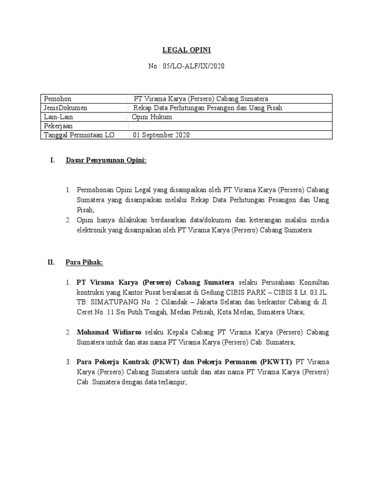 Opini Hukum Pesangon PT Virama | PDF | Pengelolaan Keuangan & Uang | Hukum