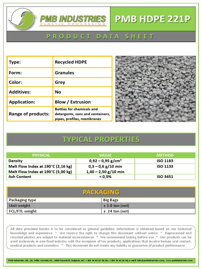 Data Sheet PMB HDPE 221P | PDF | Recycling | Plastic