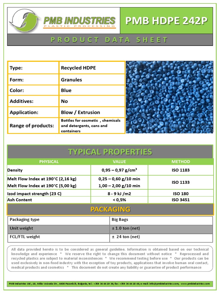Data Sheet PMB HDPE 242P | PDF | Recycling | Packaging And Labeling