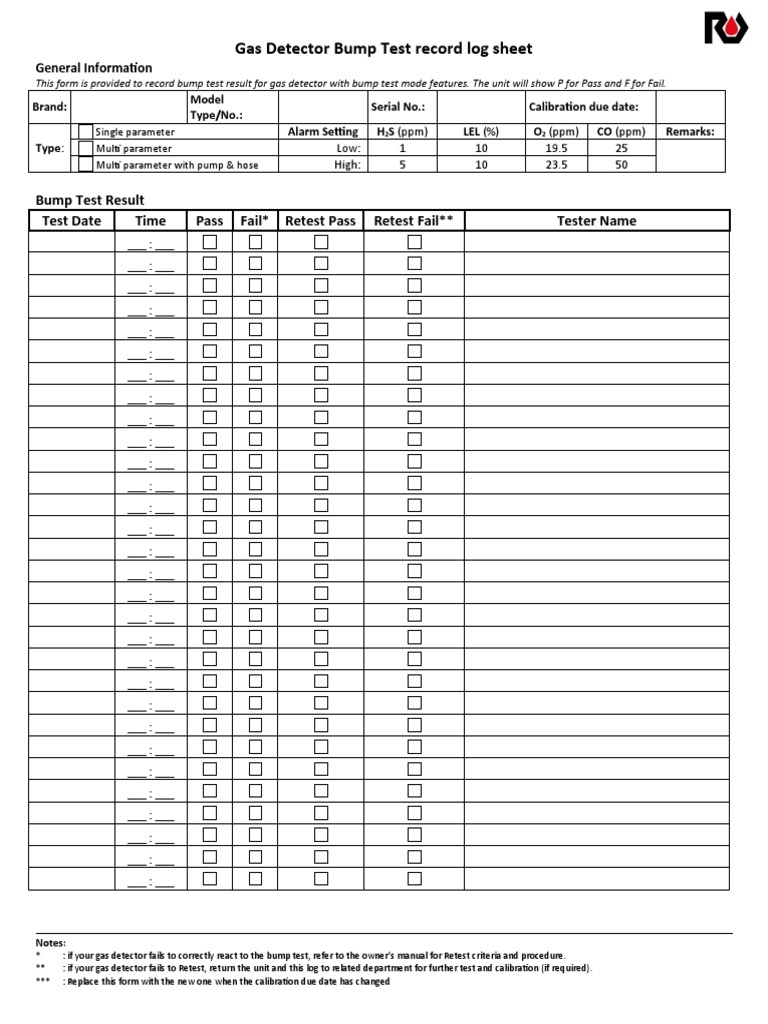 Gas Detector Bump Test Record Log Sheet: Bump Test Result Test Date ...