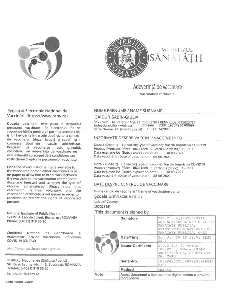 Adeverinta de Vaccinare | PDF