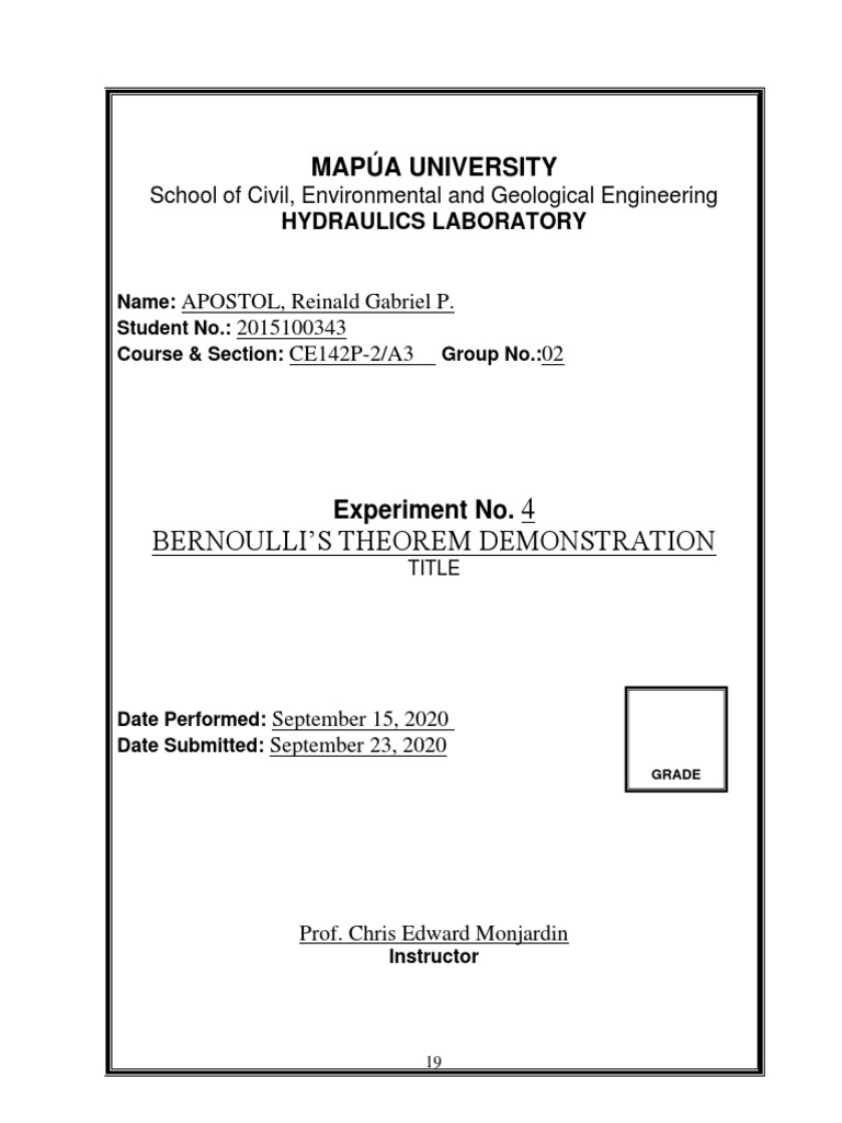 4 Bernoulli'S Theorem Demonstration: Mapúa University | PDF | Fluid ... 4 Bernoulli'S Theorem Demonstration: Mapúa University | PDF | Fluid ...