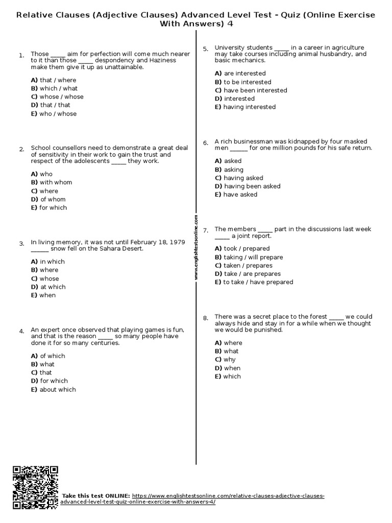 Relative Clauses (Adjective Clauses) Advanced Level Test - Quiz (Online ...