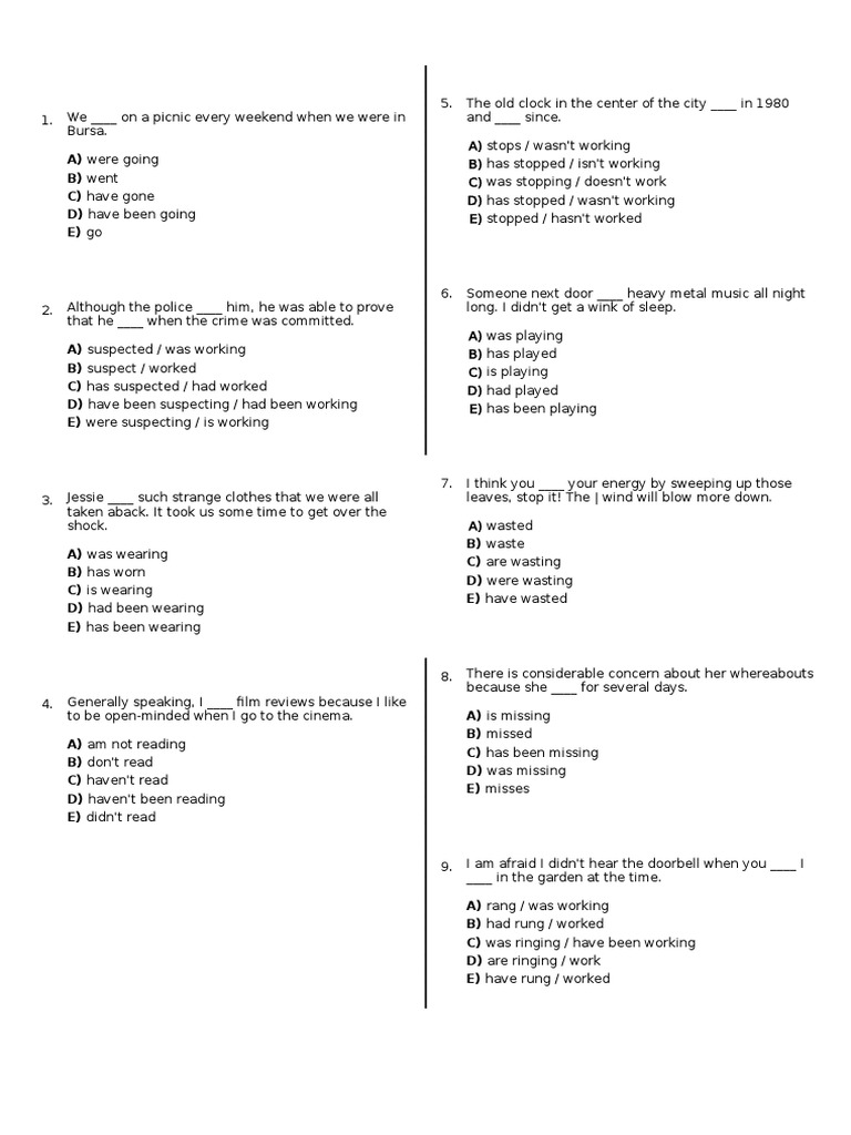 502 - Mixed Tenses Test Exercises Multiple Choice Questions With ...