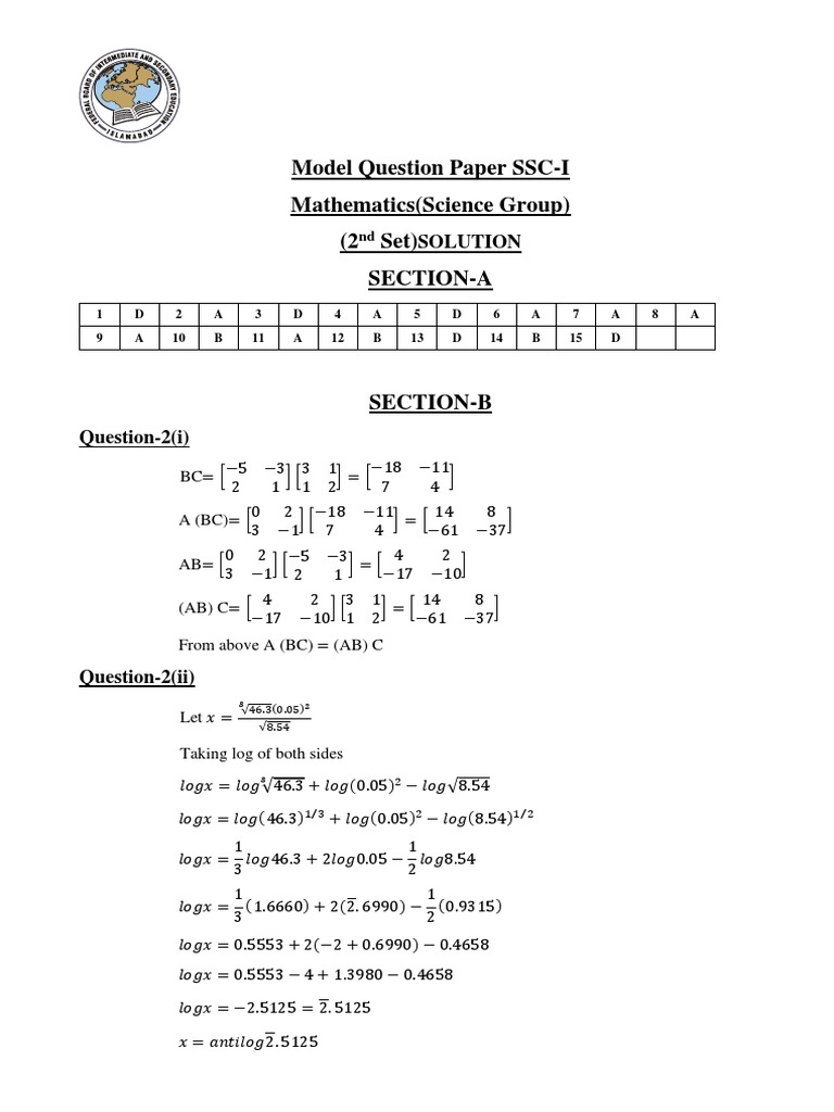Mathematics SSC-I Solution of 2nd Set Model Question Paper | PDF | Area ...
