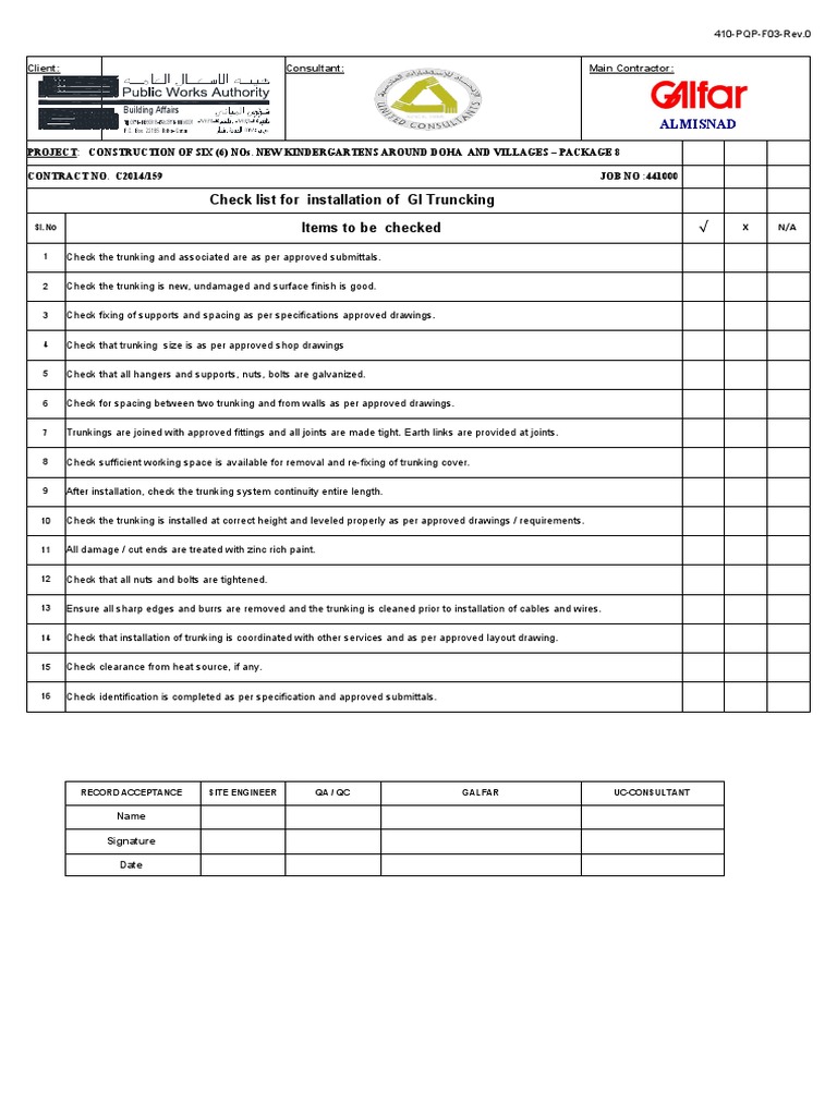 Check List For Installation of GI Truncking Items To Be Checked | PDF ...