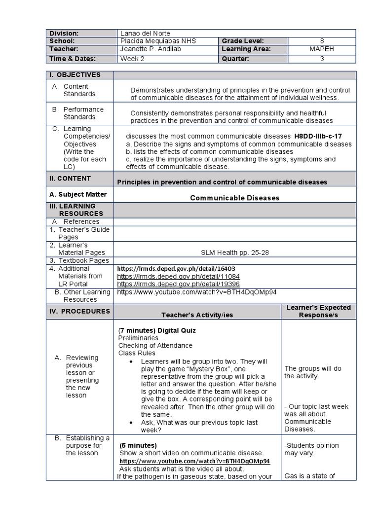 Communicable Diseases Lesson Plan | PDF | Learning | Teachers