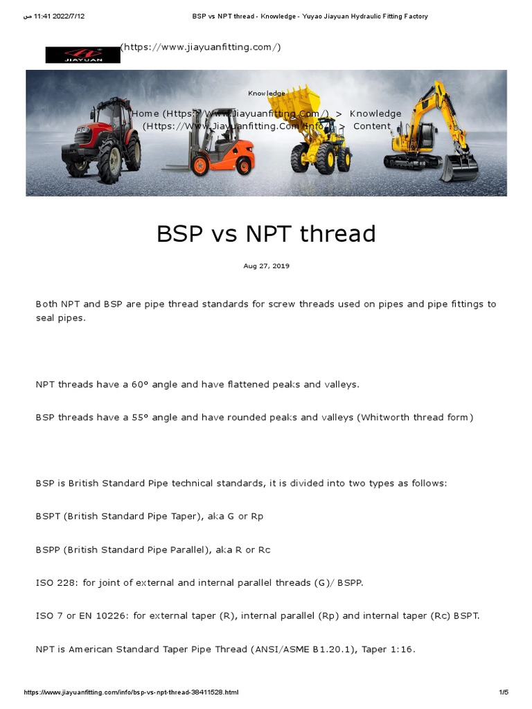 BSP Vs NPT Thread - Knowledge - Yuyao Jiayuan Hydraulic Fitting Factory | PDF | Manufactured ...