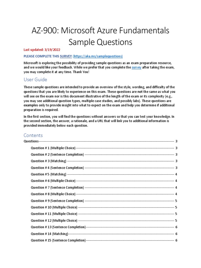 AZ-900: Microsoft Azure Fundamentals Sample Questions: User Guide | PDF ...