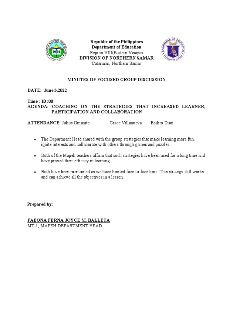 Sample FGD For Ojective 7 Ipcr | PDF