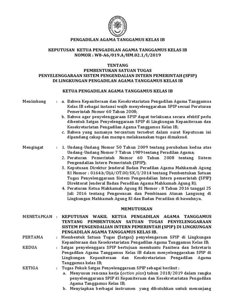 SK Pembentukan Satuan Tugas SPIP 2019 | PDF