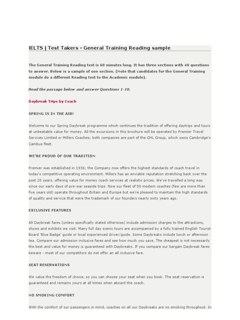 IELTS General Training Reading sample passage on Daybreak coach trips | PDF