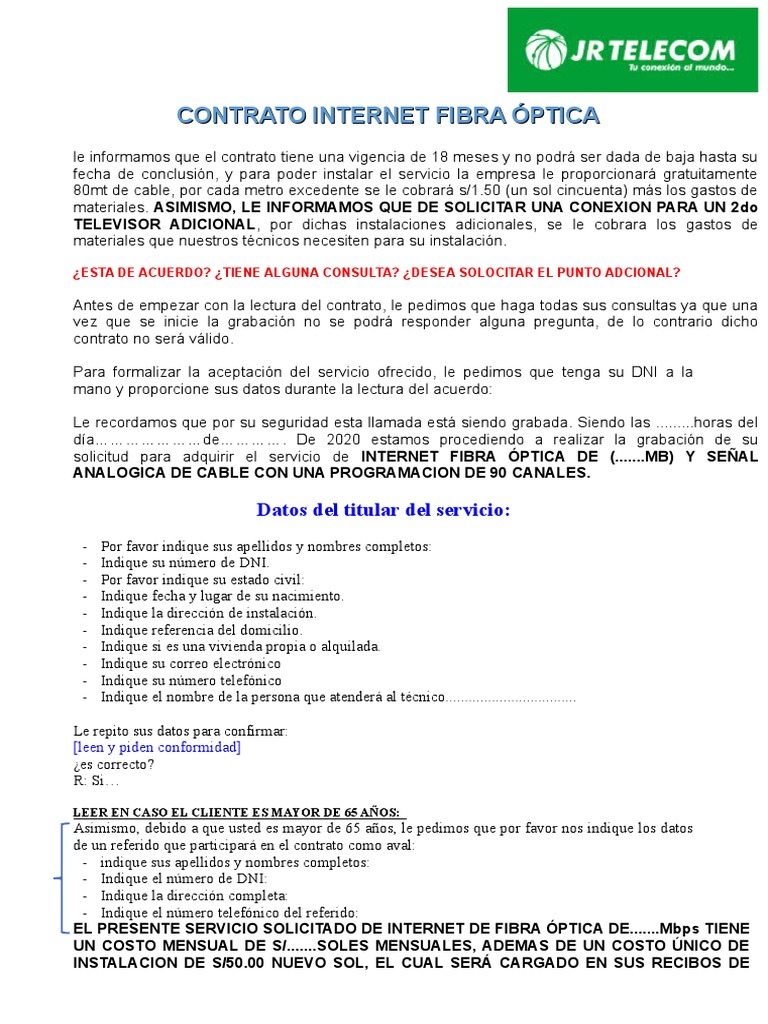 Contrato De Internet Y Cable Jr Telecom Pdf Internet