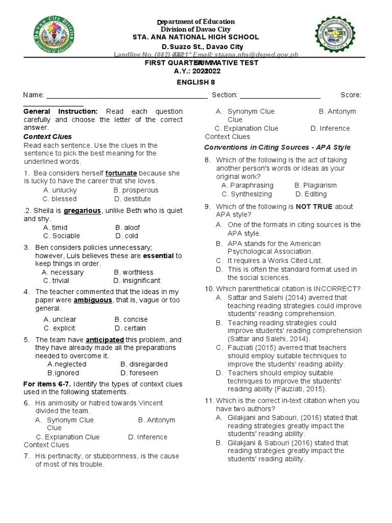 Q1 SUMMATIVE TEST GRADE 8 GV 2021 Answer in A 1 Whole Sheet of Paper ...