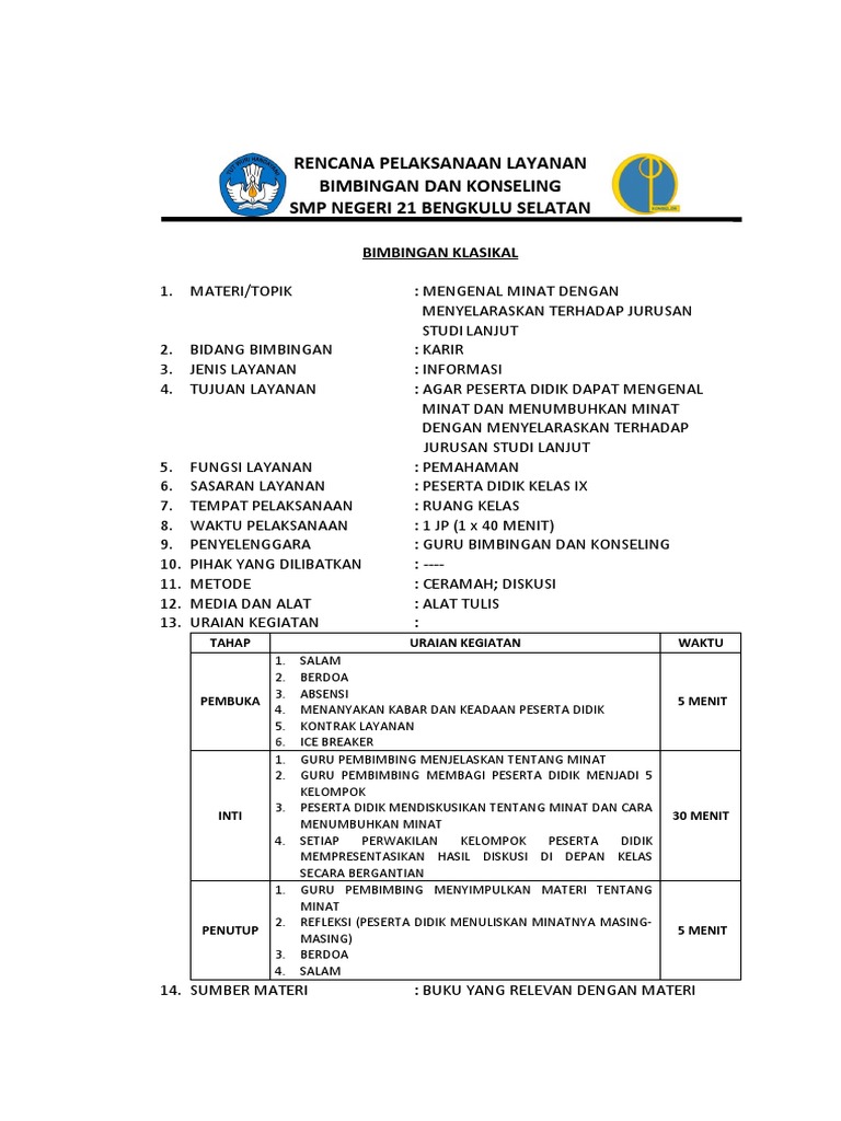 Rencana Pelaksanaan Layanan Bimbingan Klasikal | PDF