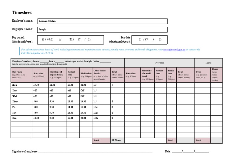 Assessment 1 - Timesheet-Template - SITXHRM002 | PDF | Overtime ...