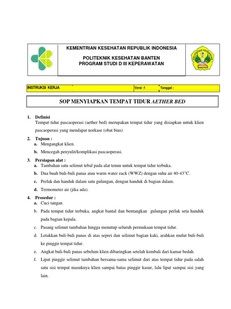 Sop Menyiapkan Tempat Tidur Aether Bed Instruksi Kerja - Compress | PDF