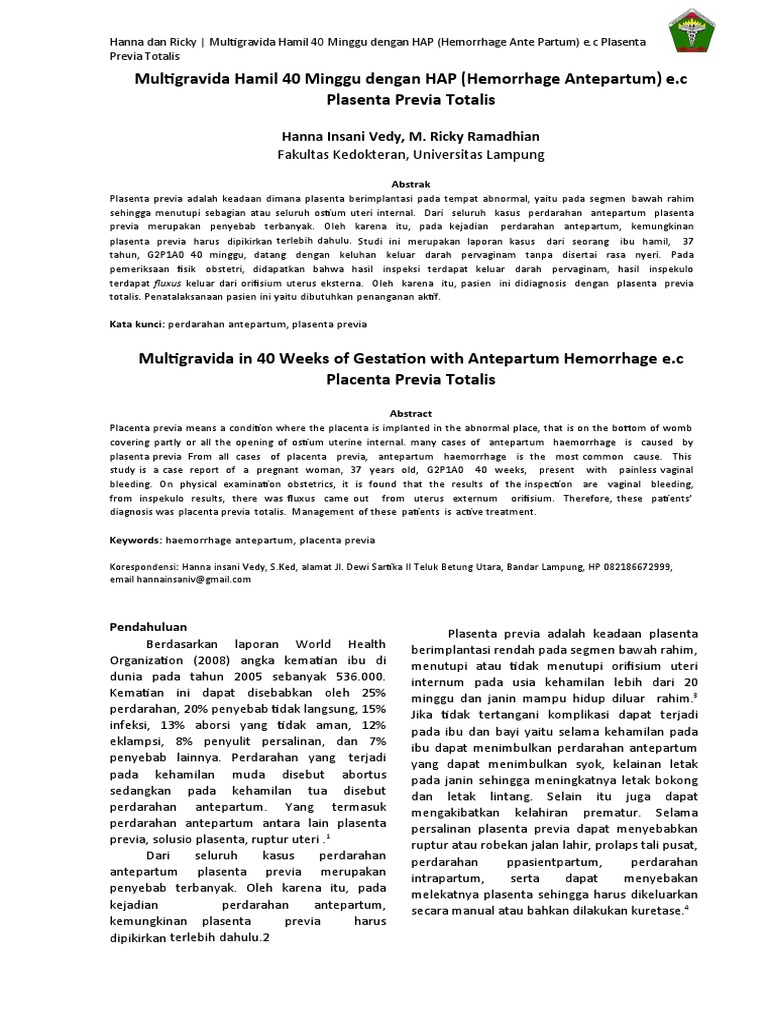Multigravida in Late Gestation with Antepartum Hemorrhage due to Total ...